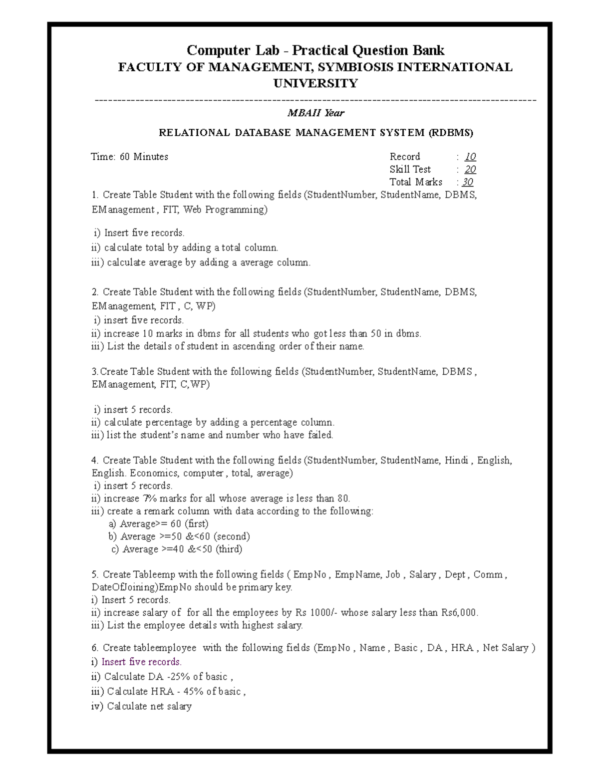 Relational Database Management System Assignment Computer Lab