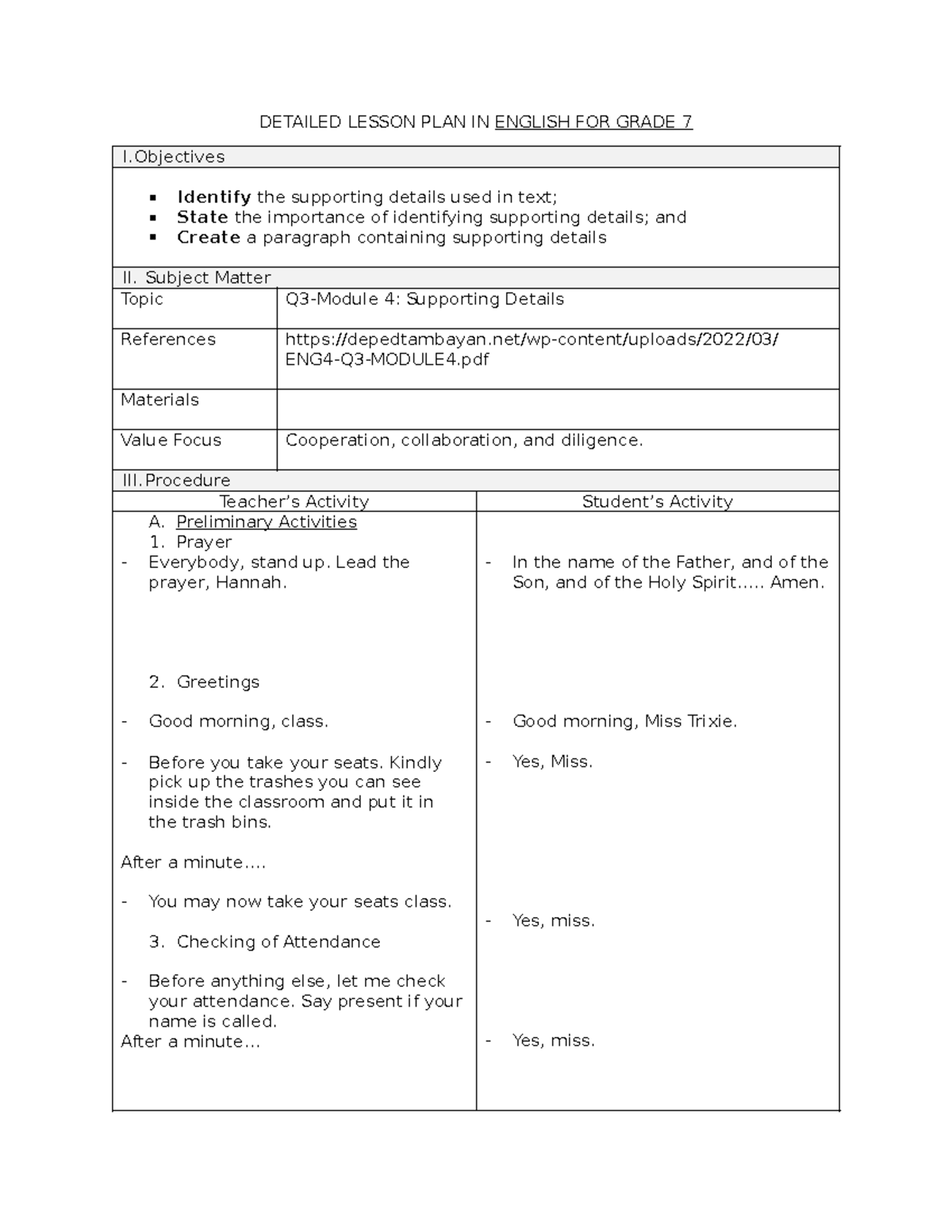 Detailed Lesson Plan for English 7: Identifying Supporting Details ...