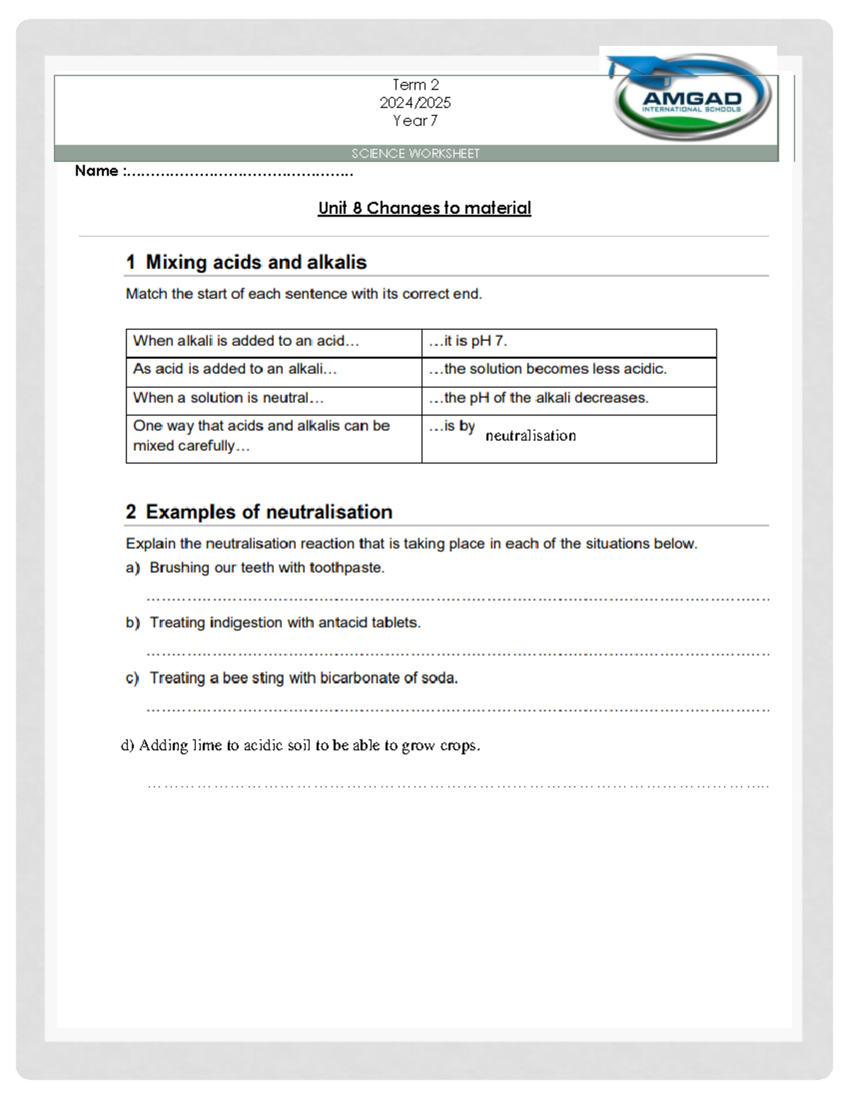 Year 7 Science Worksheet: Unit 8 Changes to Material - Studocu