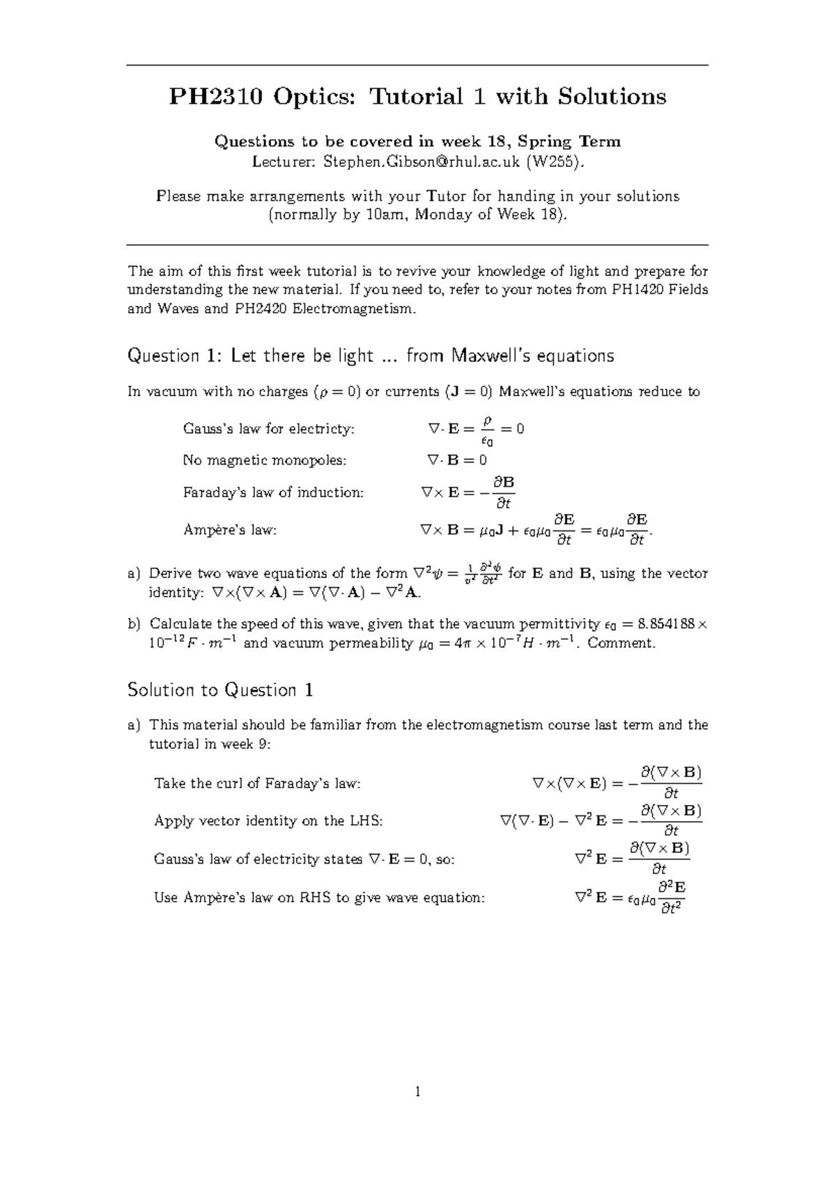 PH2310 Optics: Week 18 Tutorial 1 Solutions and Key Concepts - Studocu