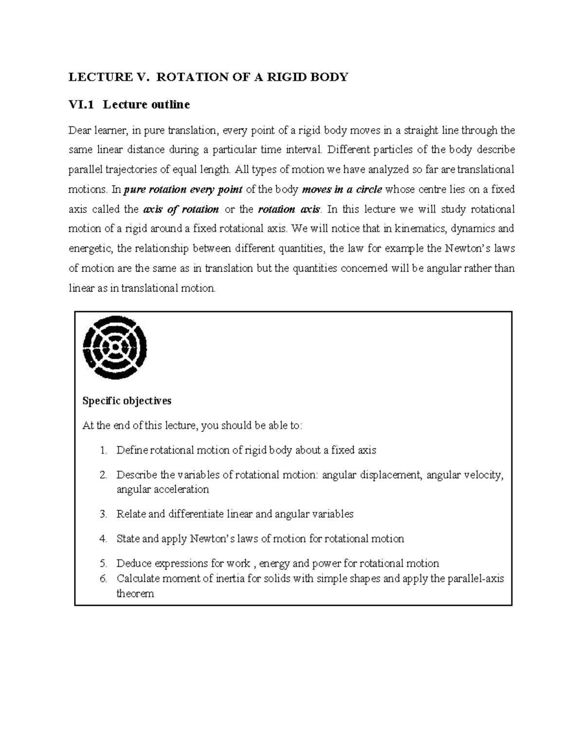 LECTURE V. ROTATION OF A RIGID BODY - Key Concepts and Equations - Studocu