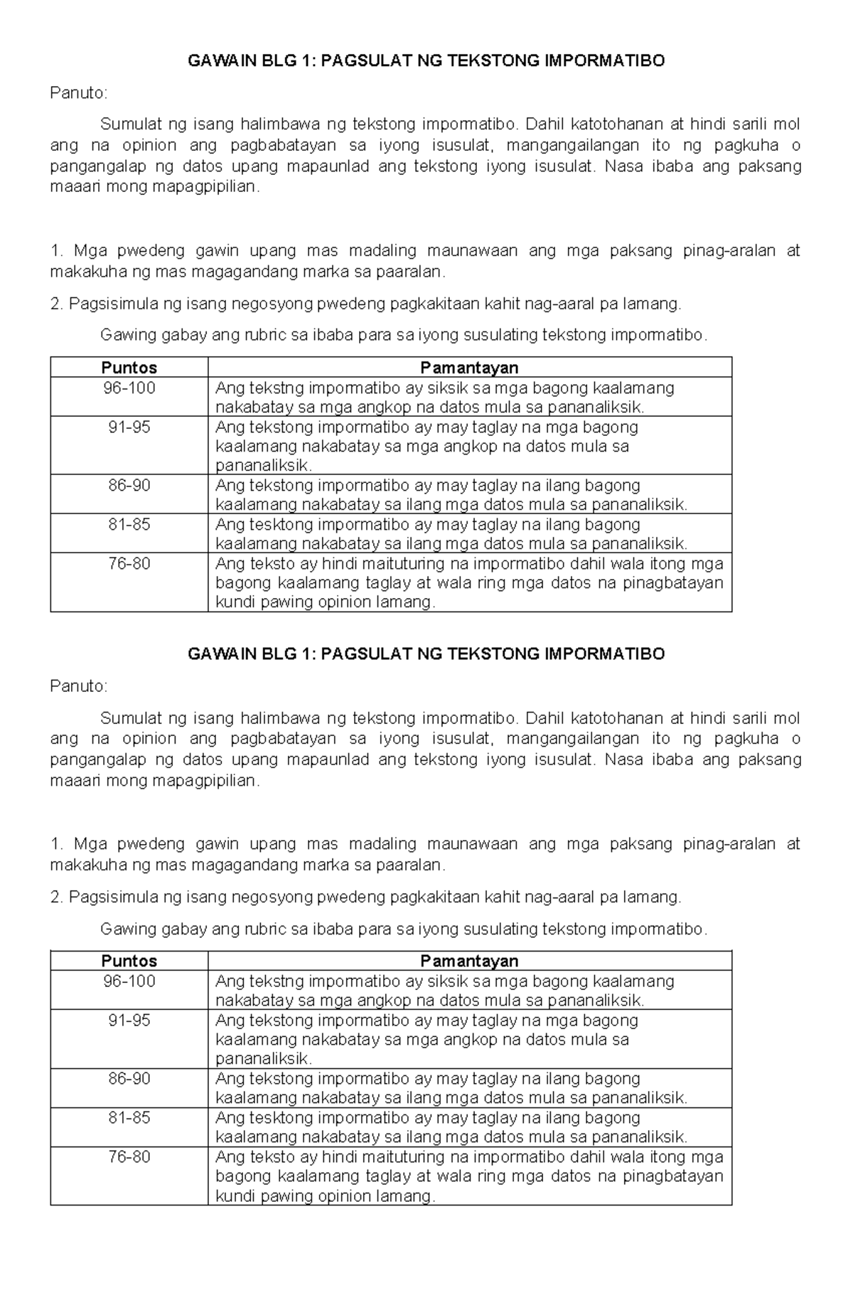Gawain BLG 1: Pagsulat ng Halimbawa ng Tekstong Impormatibo - Studocu