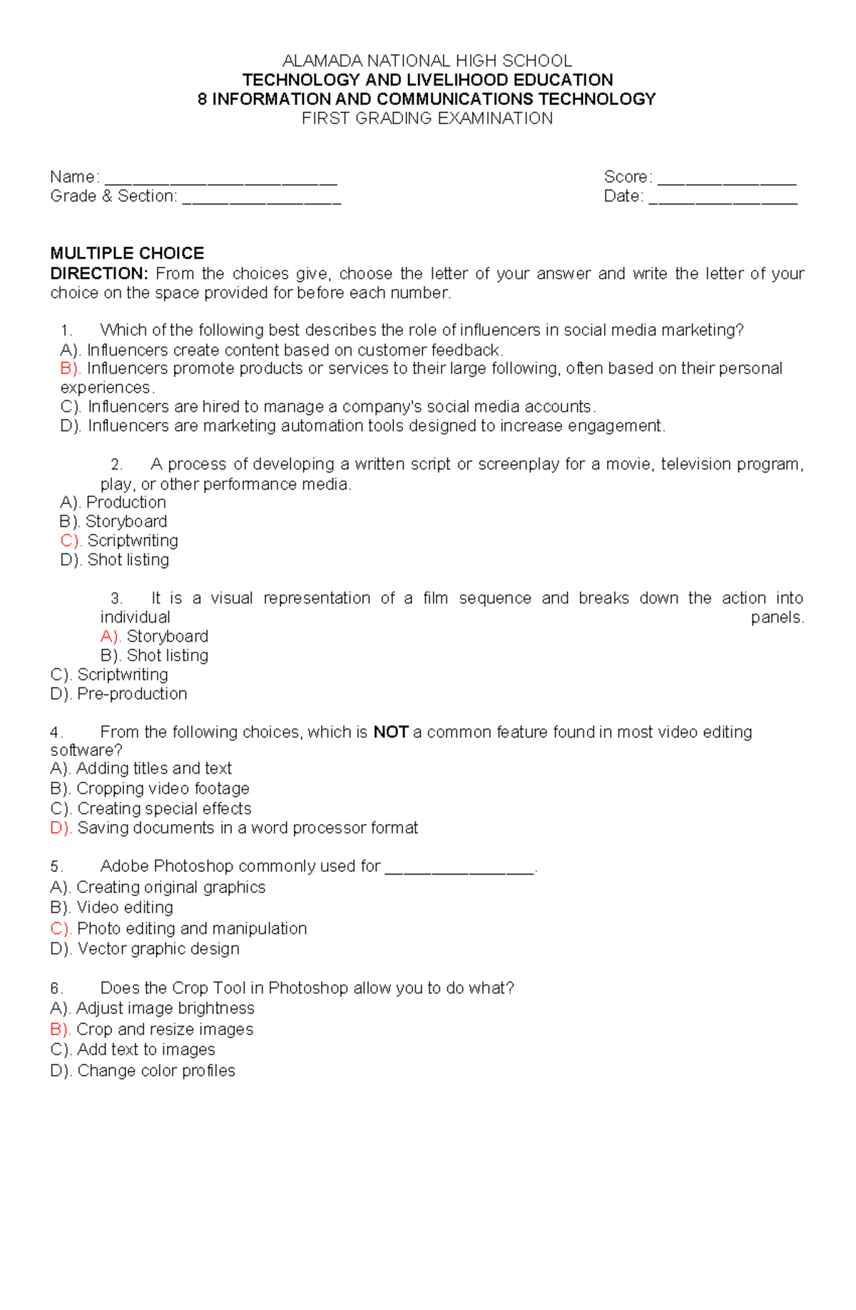 TLE 8 First Grading Exam: Information & Communications Technology - Studocu