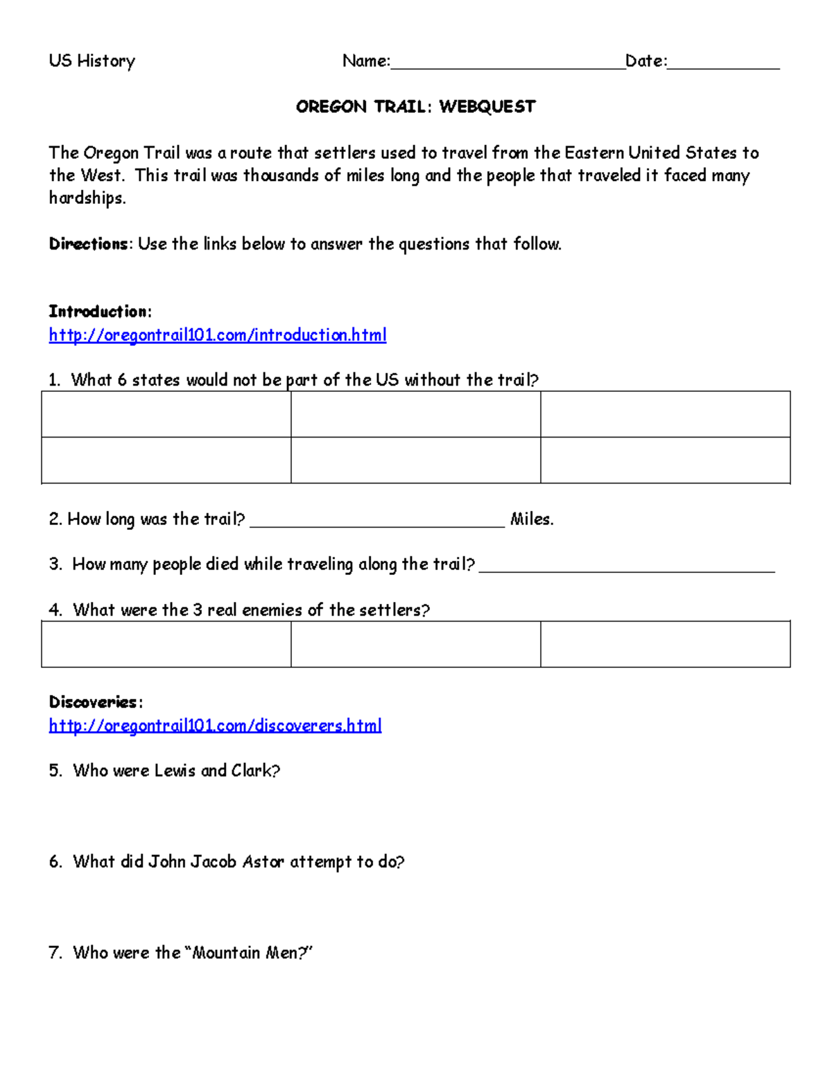 US History: Oregon Trail Web Quest for Settler's Journey - Studocu