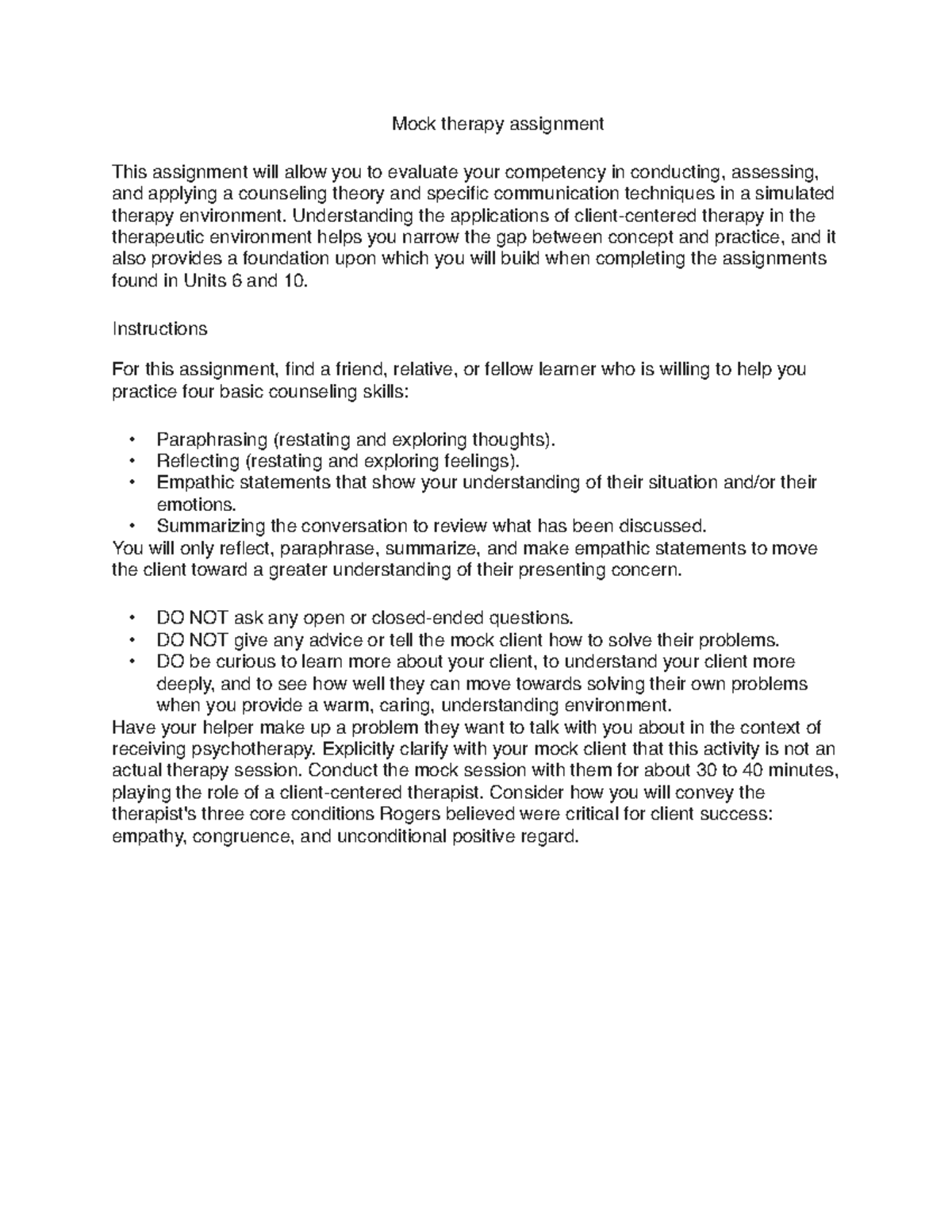 Mock Therapy Assignment - Instructions for Coursework - Studocu