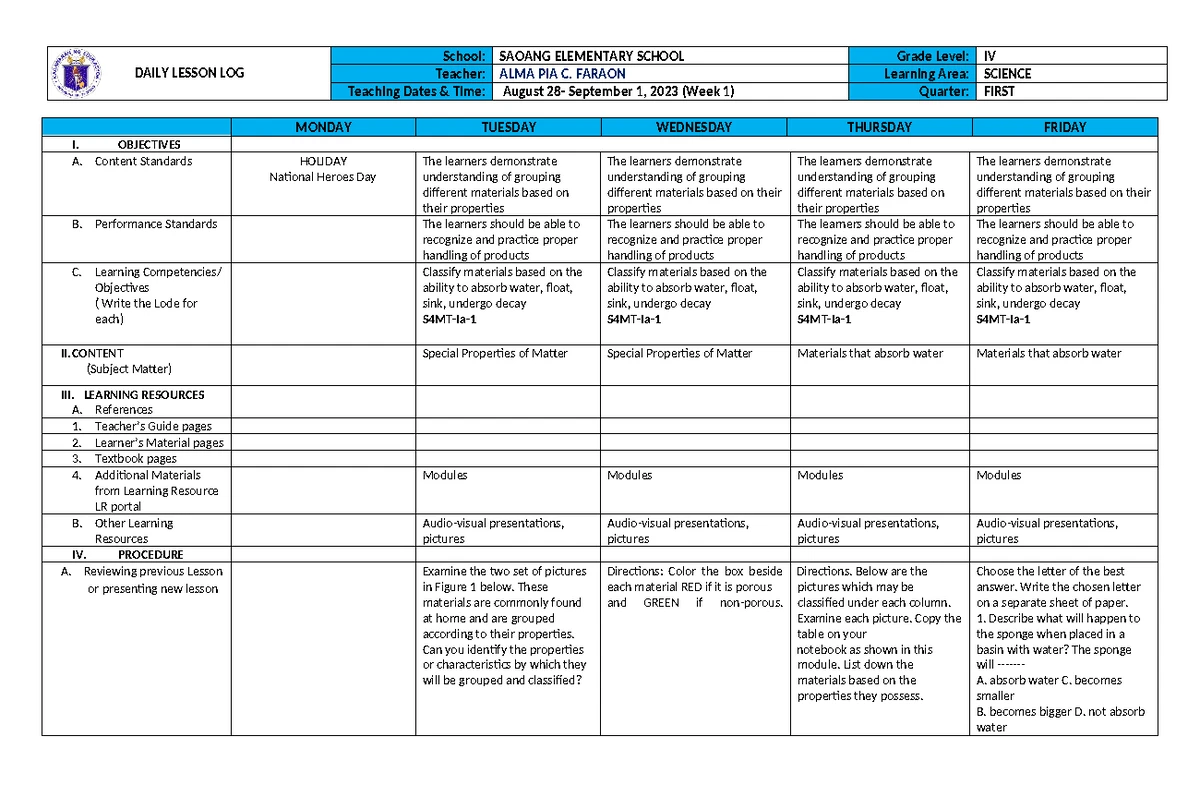 Lesson Plan for Science 4: MATATAG Curriculum, Quarter 1 - Studocu