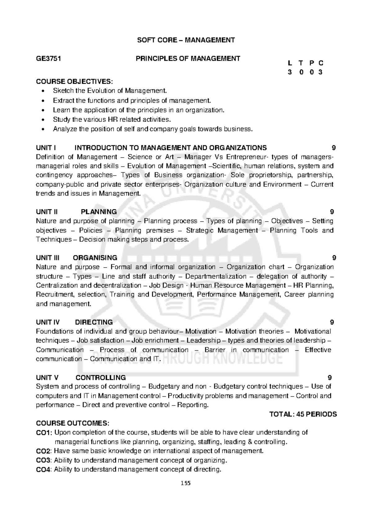GE3751 Principles of Management Syllabus Overview and Course Objectives ...
