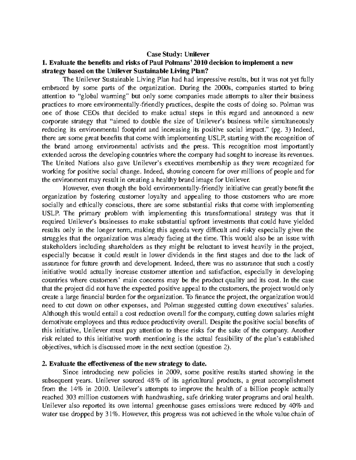 Unilever Case Study Analysis: Strategies, Risks & Effectiveness ...