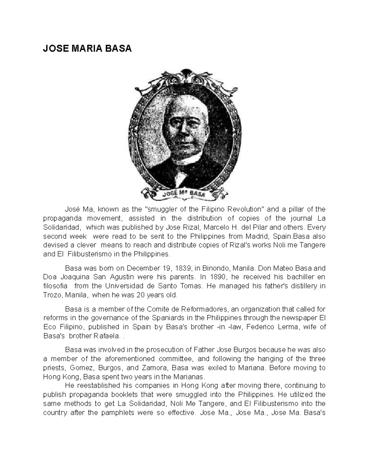 Jose Maria Basa: Smuggler and Figure of the Filipino Revolution - Studocu