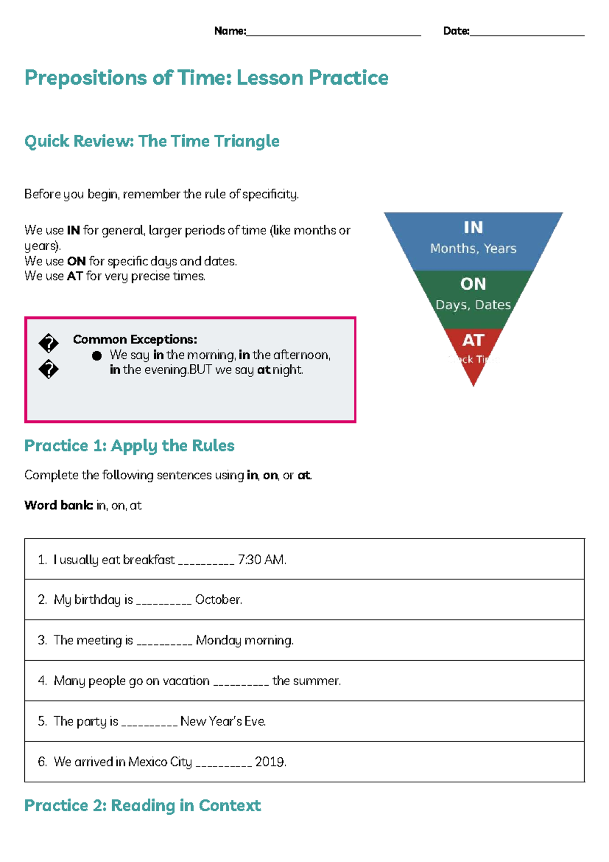 Prepositions of Time: Lesson Practice Quick Review (IN, ON, AT) - Studocu