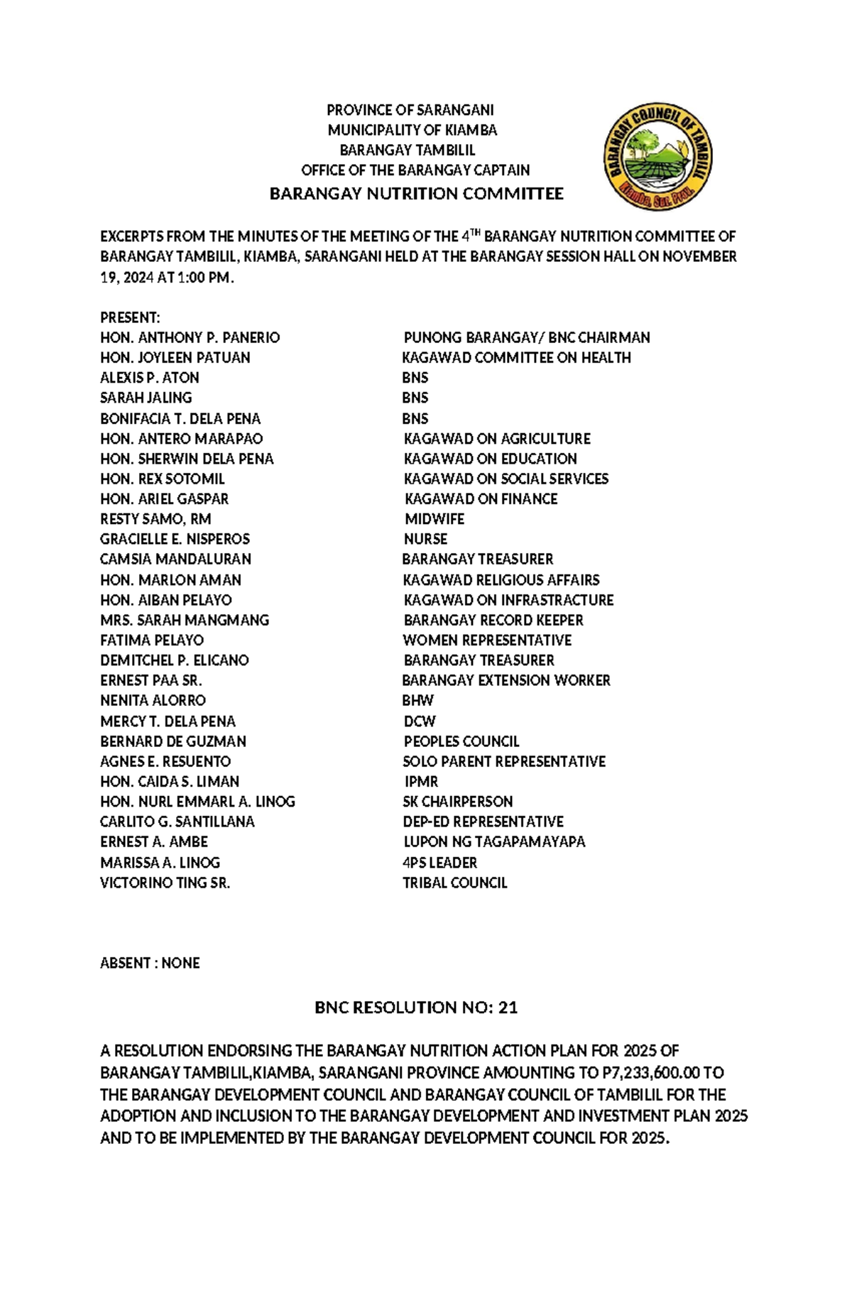 BNC Resolution No. 21: Endorsing the BNAP for 2025 Implementation - Studocu