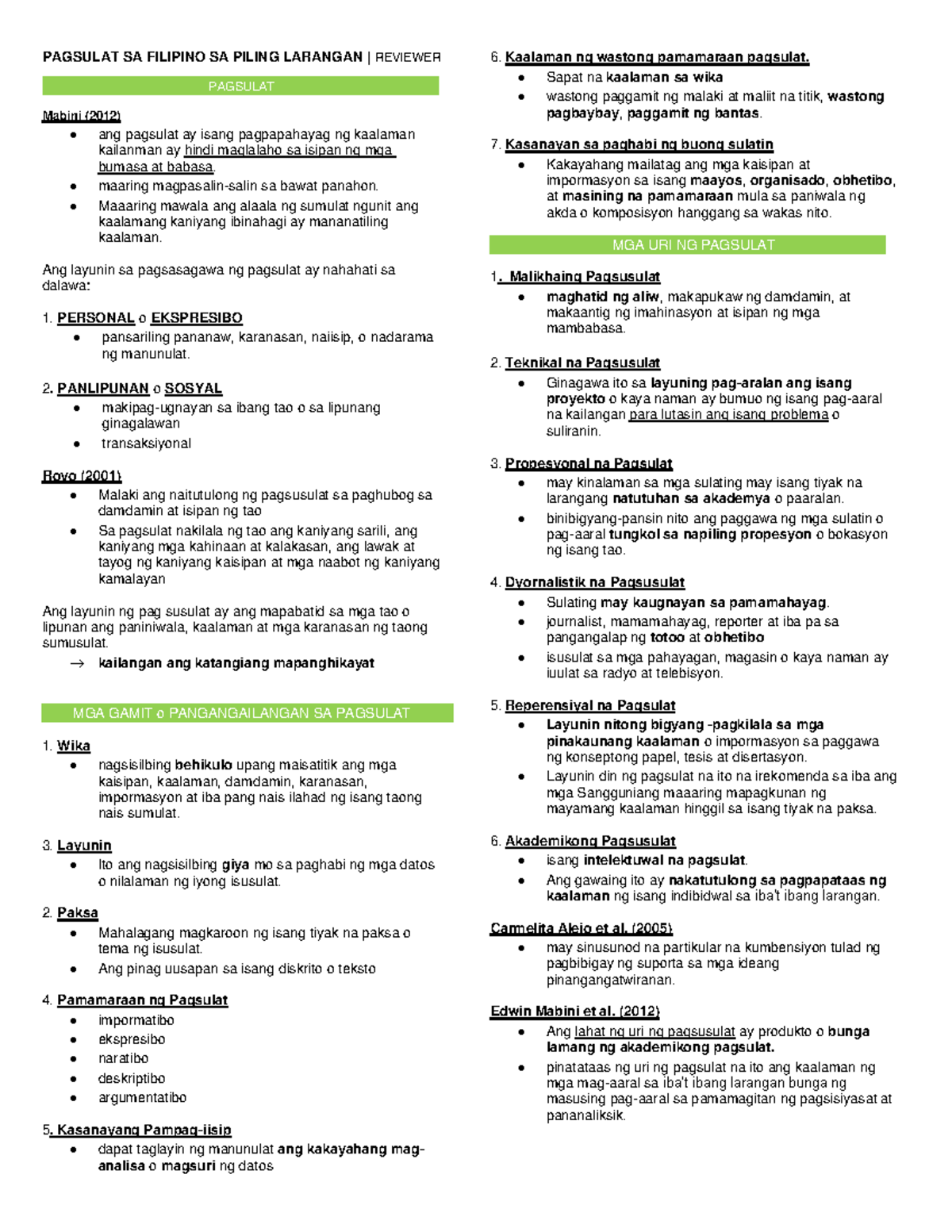 Pagsulat Reviewer: Summary ng Akademikong Filipino sa Piling Larangan ...