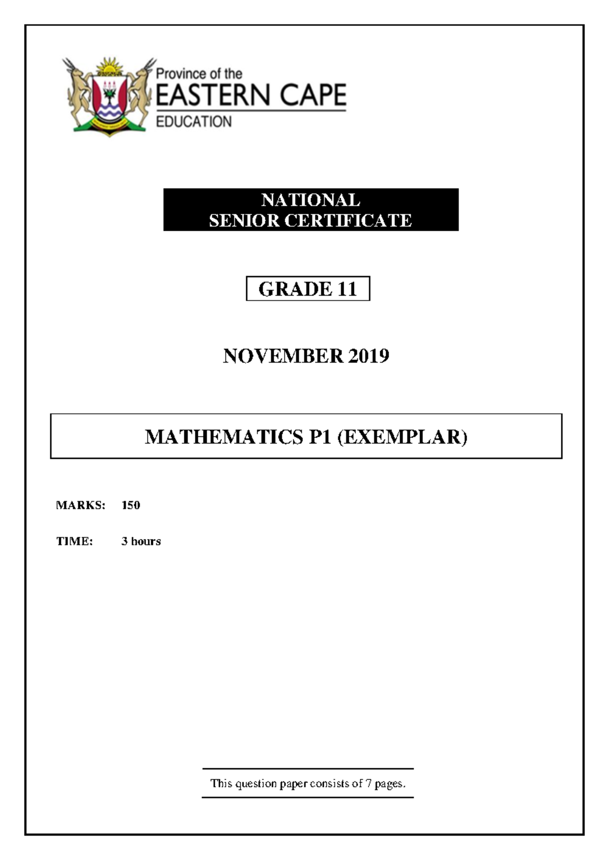 Mathematics 2019 Final Exam P1 Exemplar (ENG) - Grade 11 - Studocu