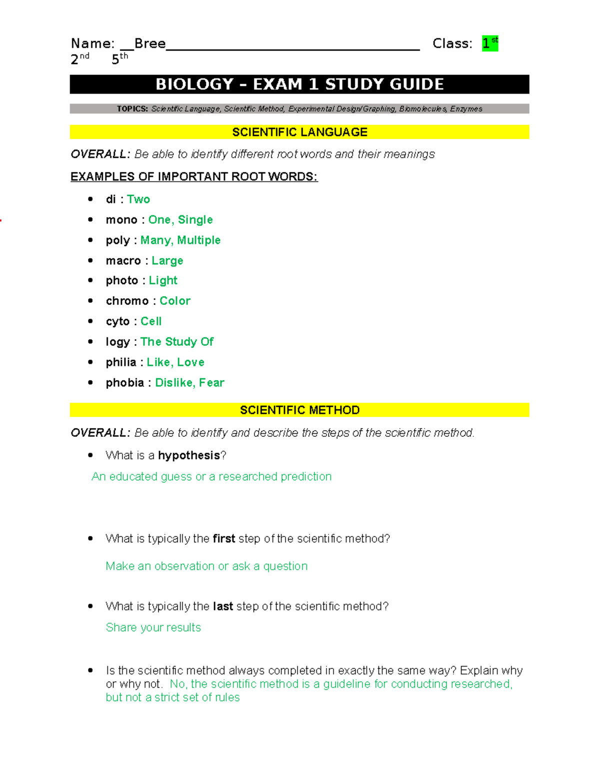 BIO 1111: 1st Exam Study Guide on Scientific Method & Enzymes - Studocu