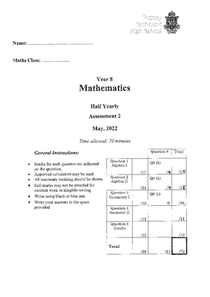 Year 8 Maths - Grade: 8 - Secondary School - Studocu