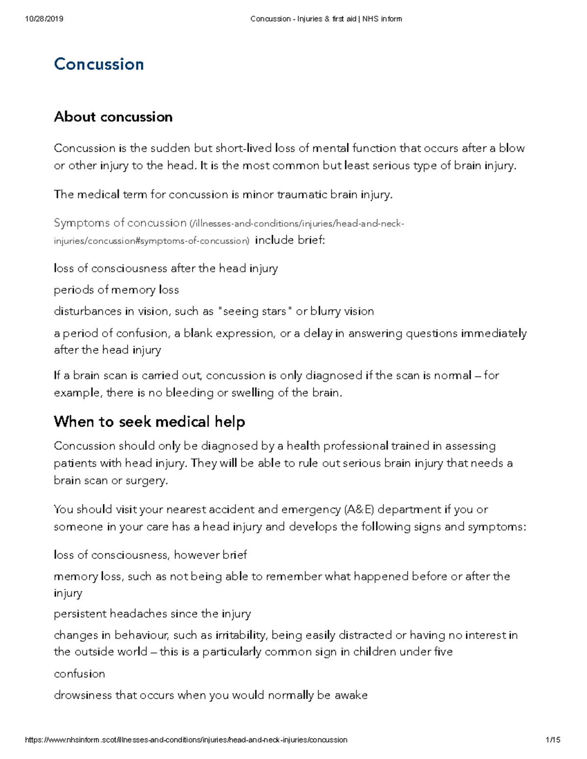 Concussion - Injuries & First Aid Guide (NHS Inform) - Studocu