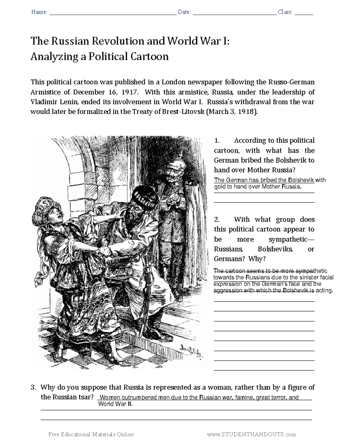 WWI History Analysis: Russia's Withdrawal and Political Cartoons - Studocu