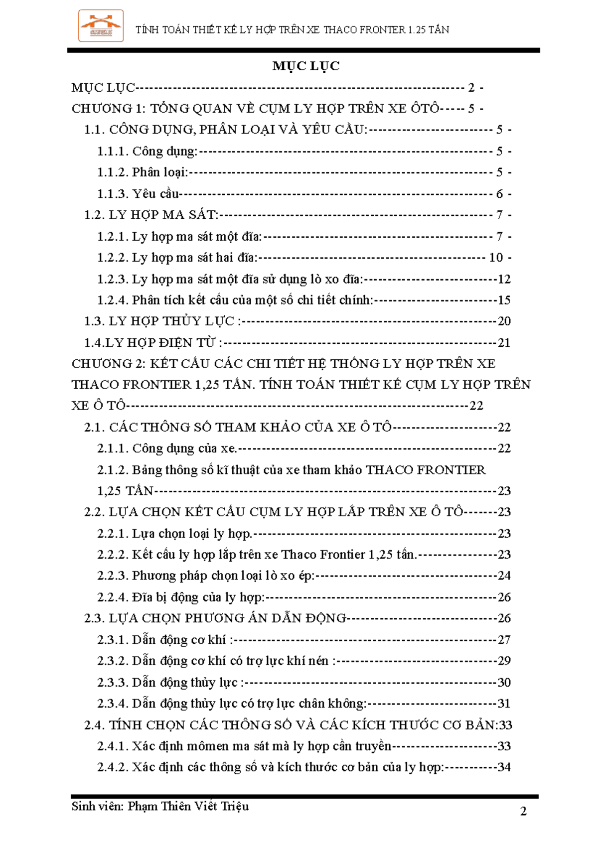 TÍNH TOÁN THIẾT KẾ LY HỢP TRÊN XE THACO FRONTER 1.25 TẤN - TÀI LIỆU HỌC ...