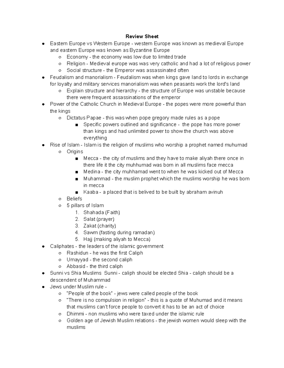 Medieval Europe and Islamic Influences: Review Notes (HIST 101) - Studocu