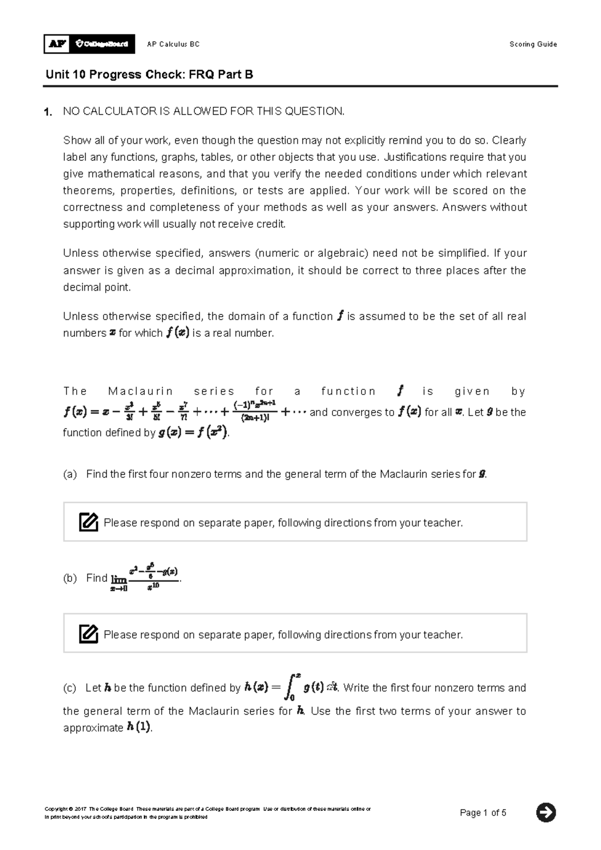 AP Calculus BC Unit 10 FRQ Part B: Infinite Series Practice - Studocu
