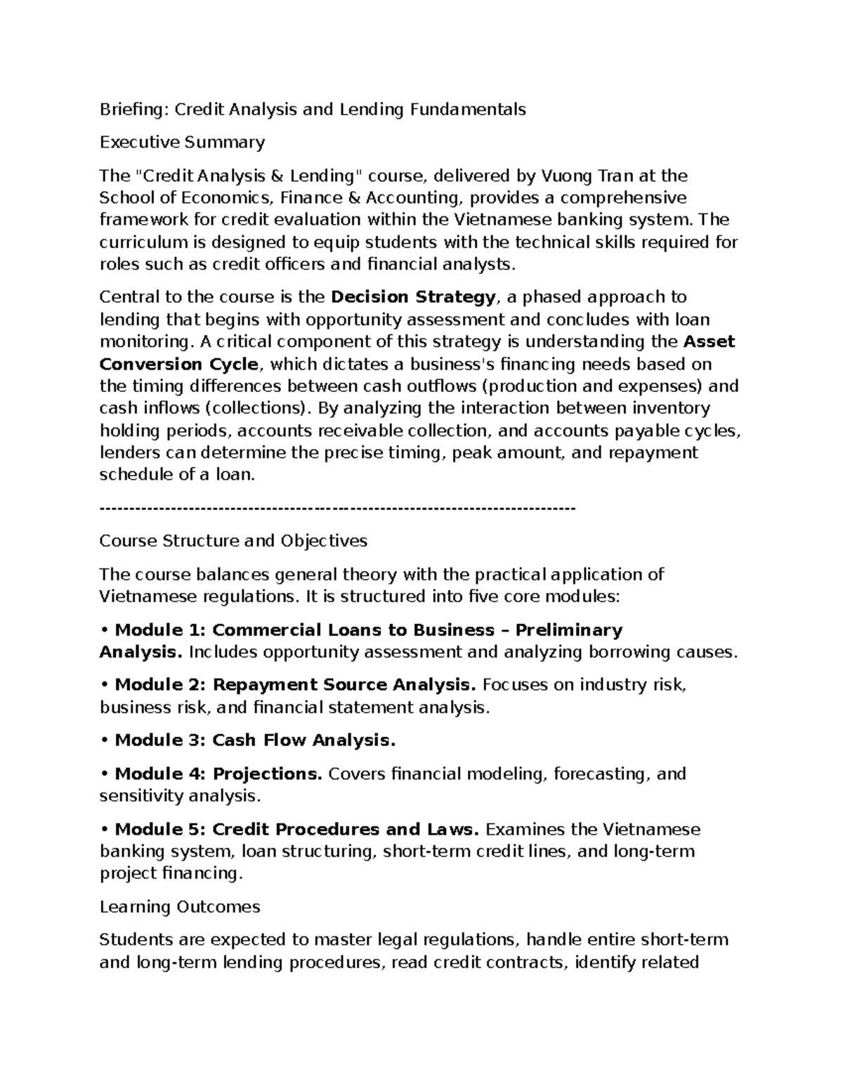 Credit Analysis and Lending Fundamentals: Executive Summary (EFA 101 ...
