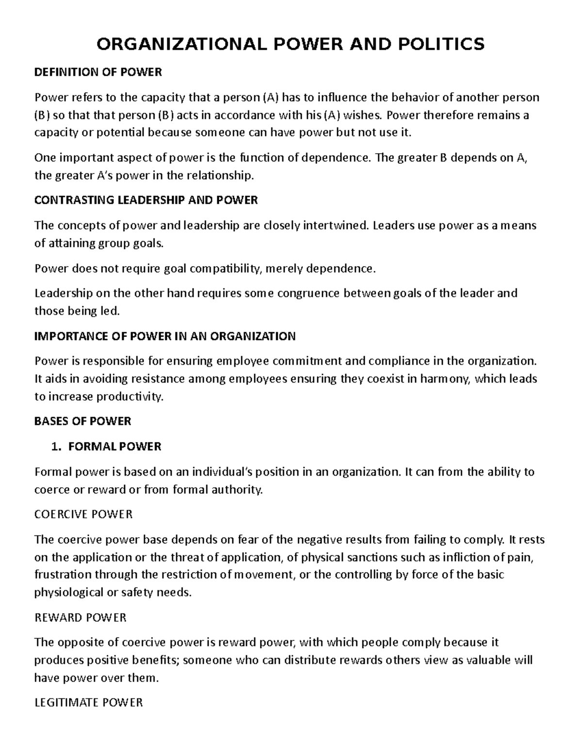 Organizational Behavior: Power and Politics - Study Notes - Studocu