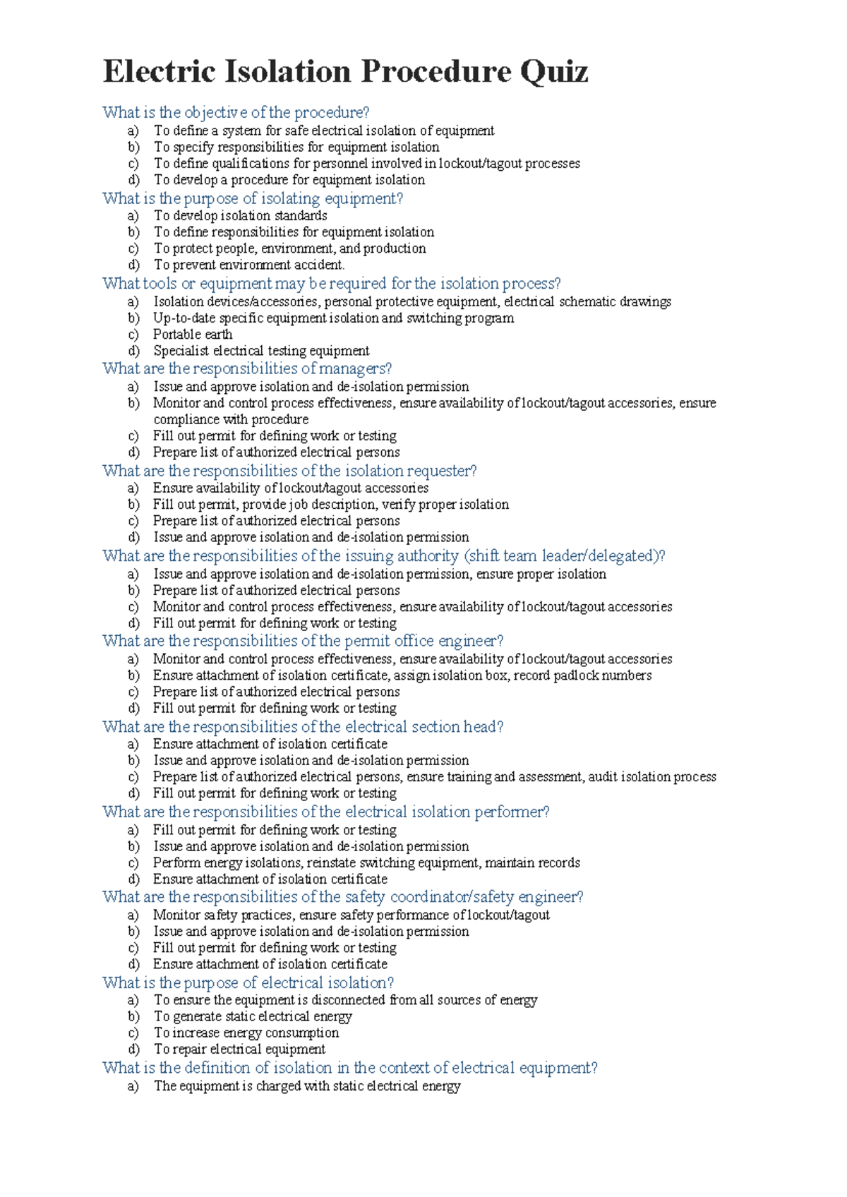 Electrical Isolation procedure quiz - Electric Isolation Procedure Quiz ...