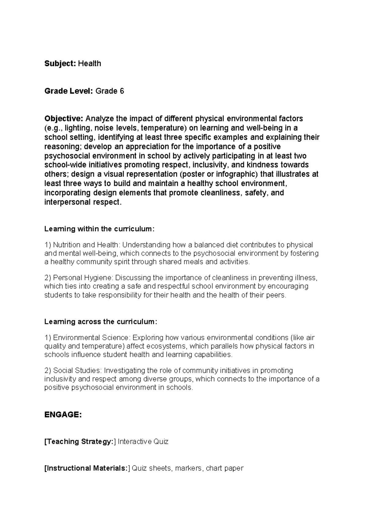 Lesson plan - Subject: Health Grade Level: Grade 6 Objective: Analyze ...