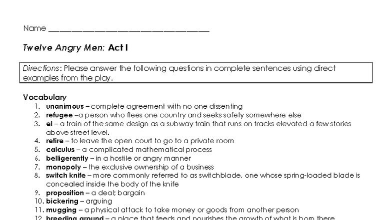 12 Angry Men: Act I Questions and Vocabulary Analysis - Studocu