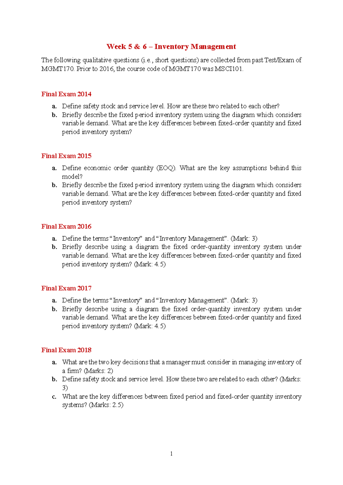 MGMT170 Final Exam Review: Inventory Management (Weeks 5 & 6) - Studocu