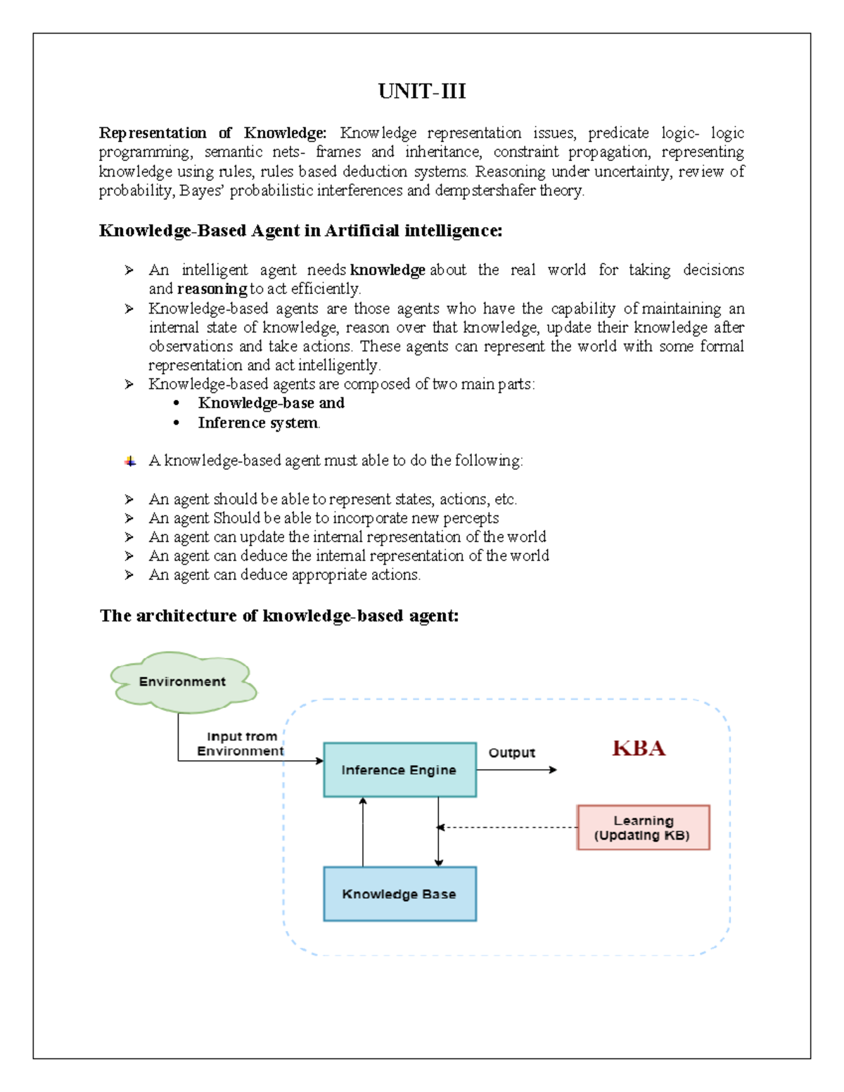 AI 904398837 Unit 3: Knowledge Representation & Intelligent Agents - Studocu
