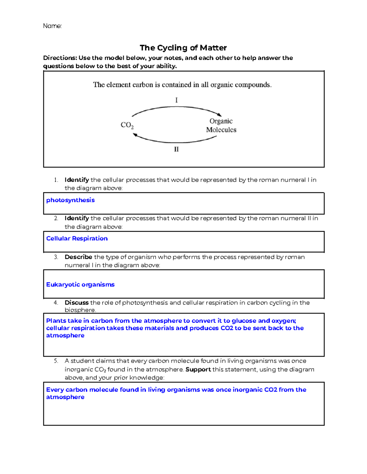 Copy of Carbon Cycling Question LS1.9 LS1.8 Ls2.2 - Name: The Cycling ...