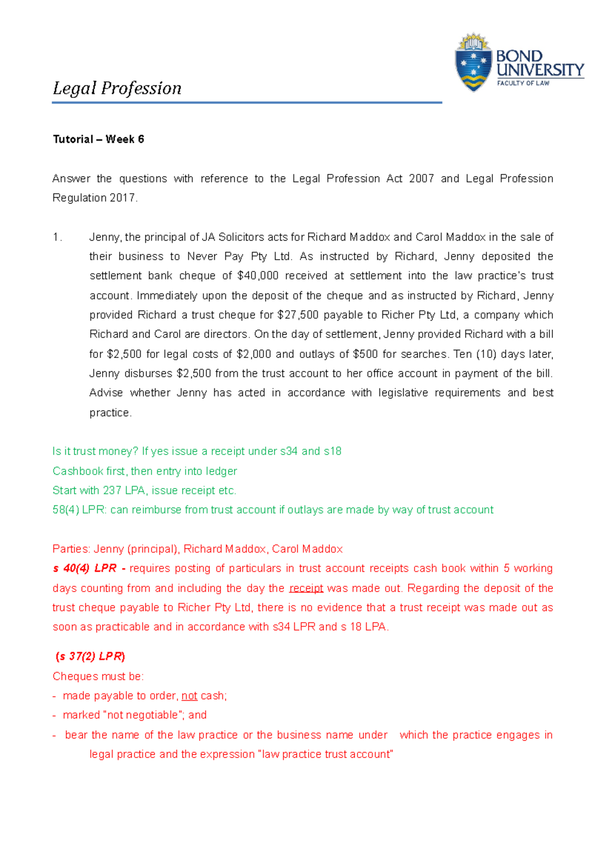 W6 Tute - Legal Ethics Tutorial Week 6 - Legal Profession Tutorial ...