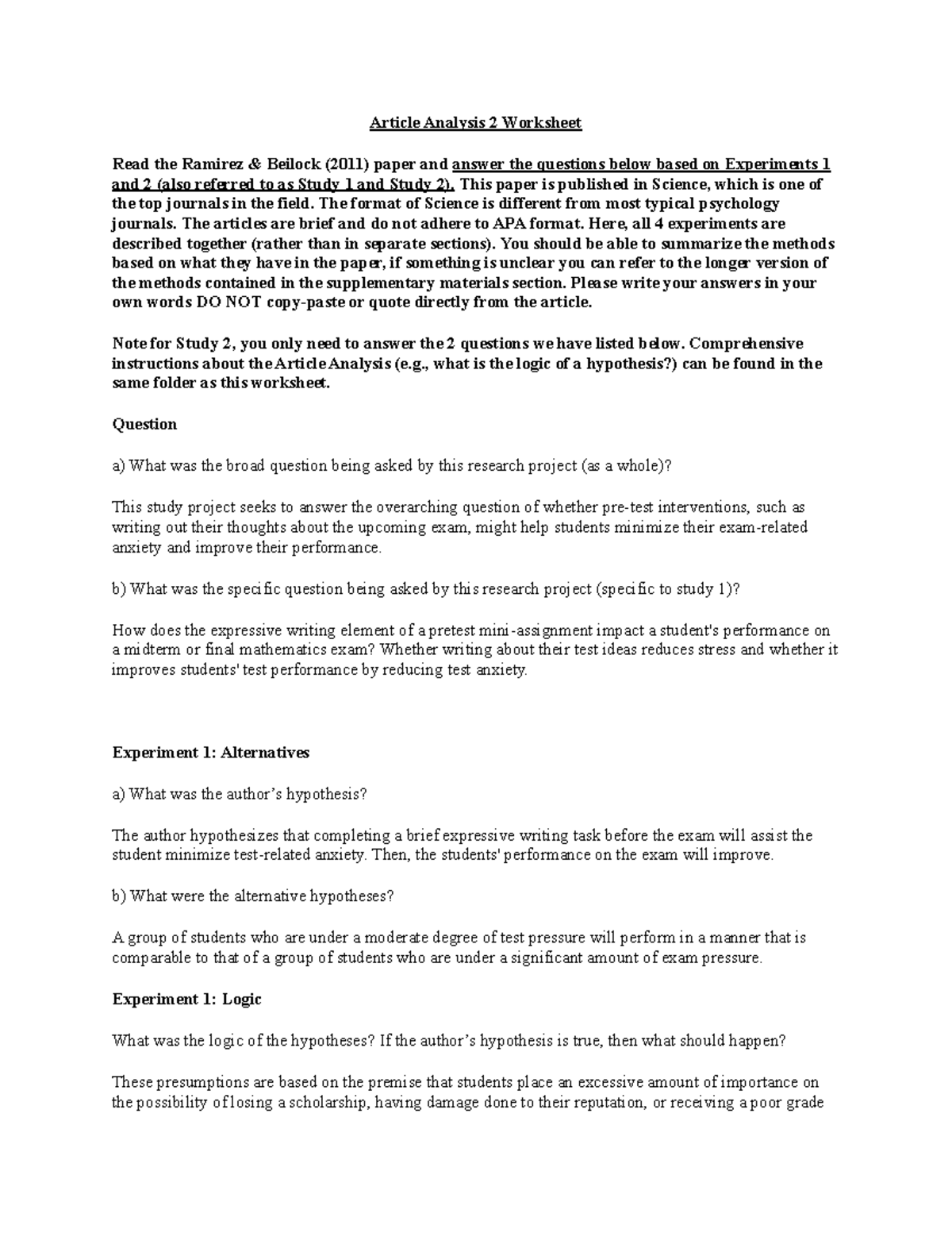 Article Analysis 2 Worksheet - Ramirez & Beilock Study Insights - Studocu
