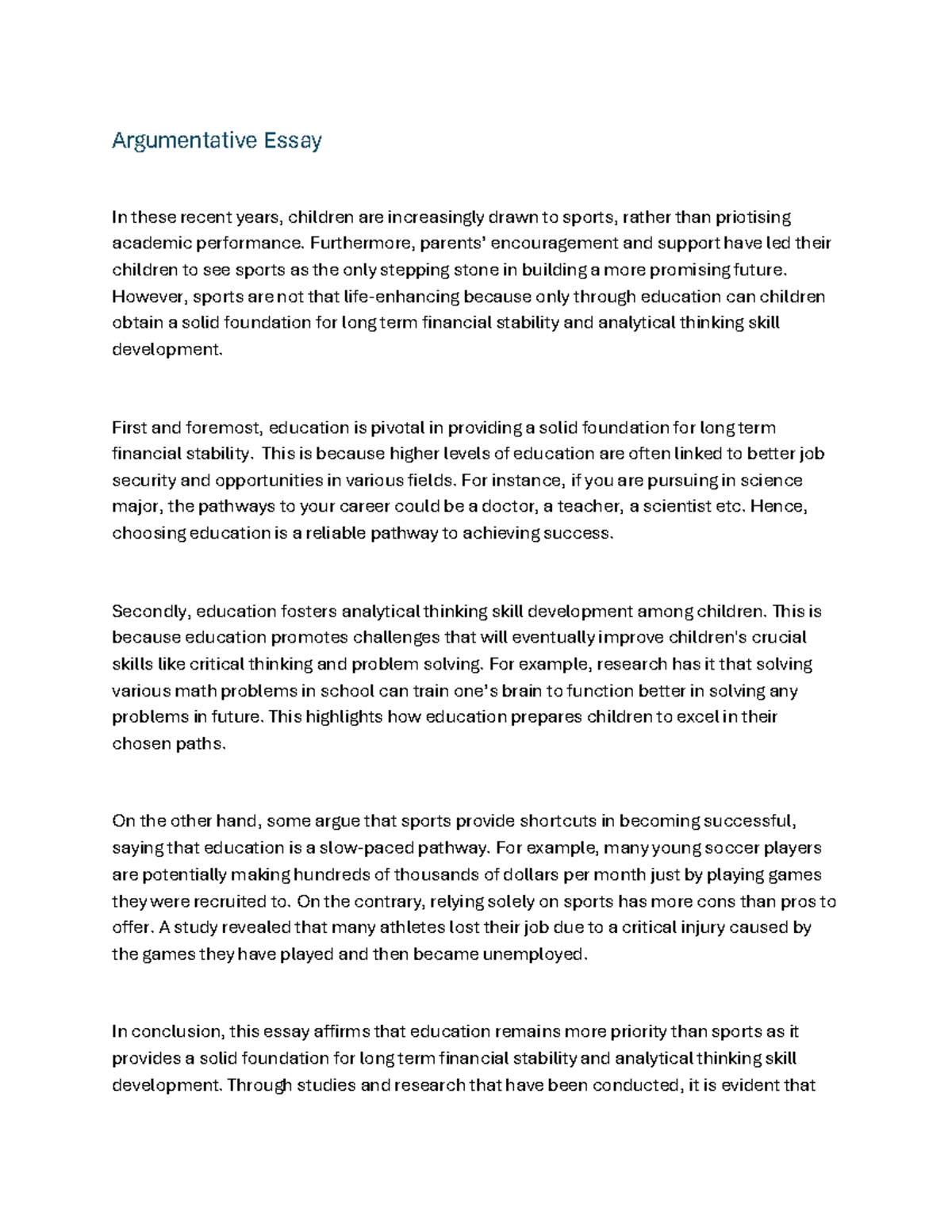 Argumentative Essay on Sports vs. Education: A Solid Foundation - Studocu