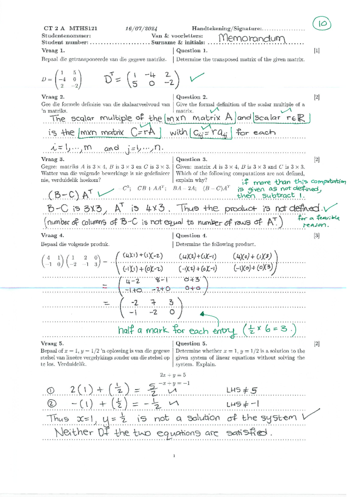 MTHS121 Tut Test 2 2024 Memo: Matrix Operations Explained - Studocu