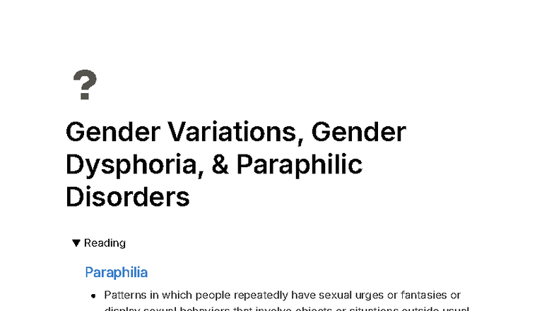 Gender Variations, Dysphoria & Paraphilic Disorders Overview - Studocu