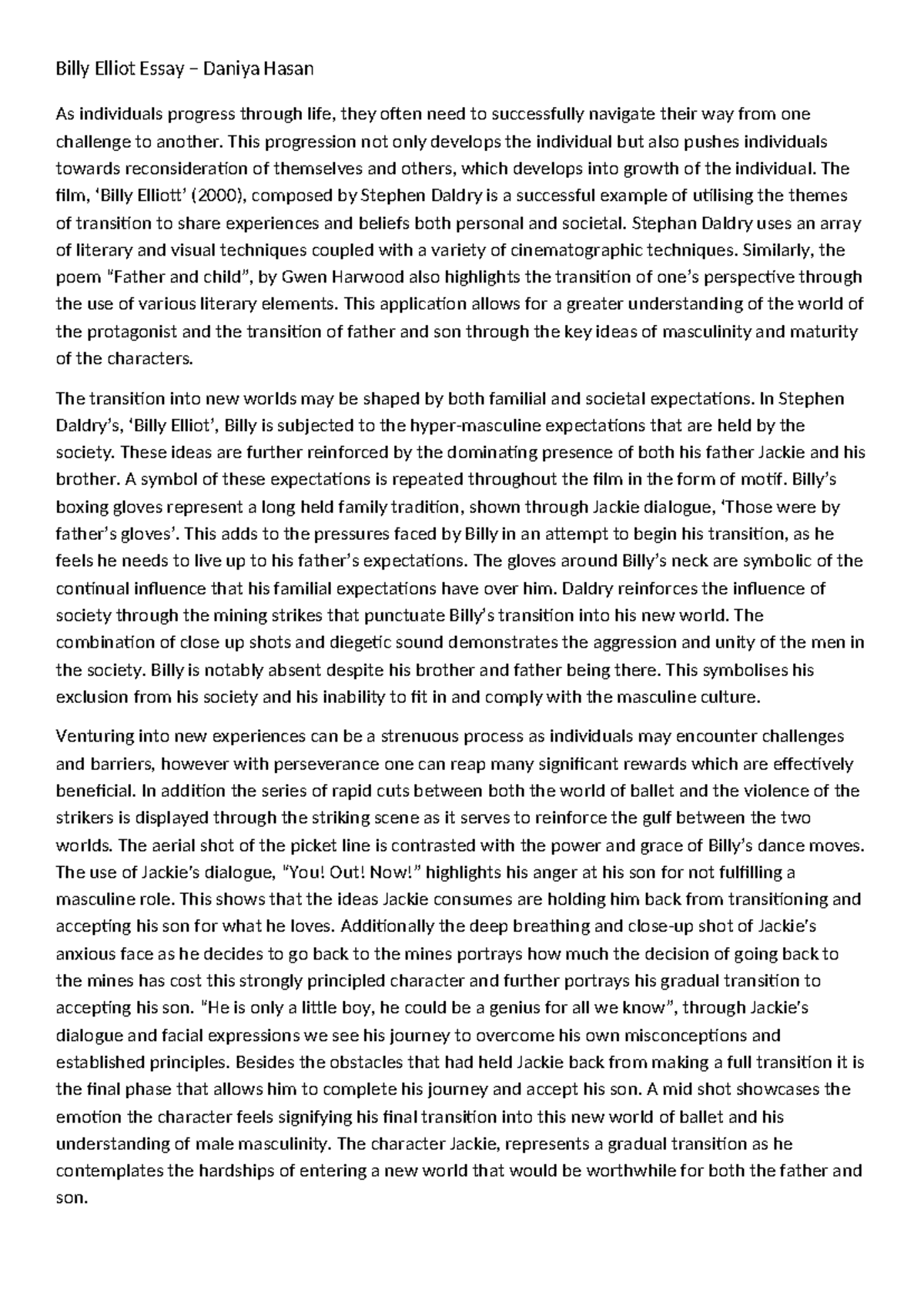 Billy Elliot Essay: Navigating Masculinity and Transition - Studocu