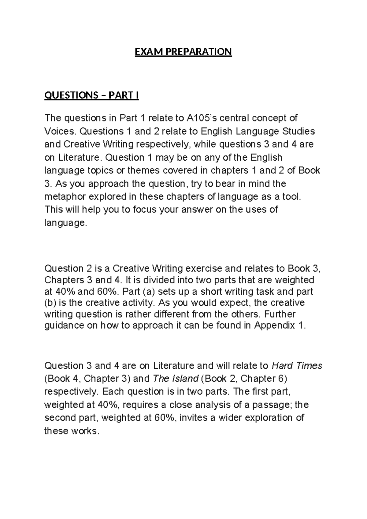 EXAM PREP Qs for English, Creative Writing & Lit (Part I) - Studocu