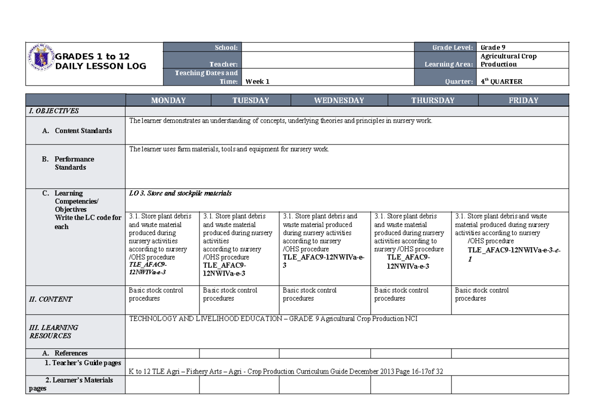 DLL - Grade 9 Agricultural Crop Production Daily Lesson Log (4th ...