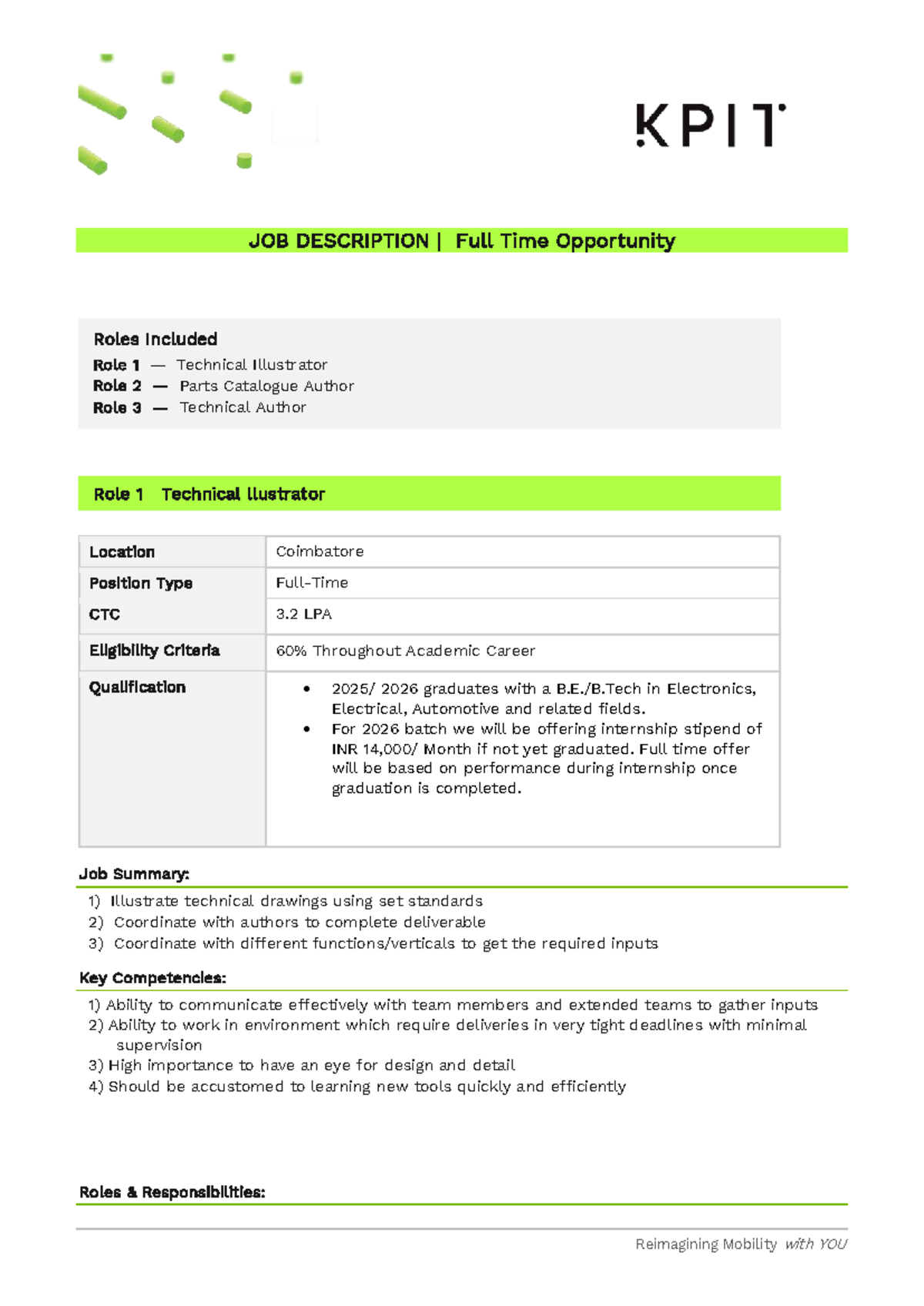 KPIT Technologies IDart FTE Job Descriptions for 2026 Graduates - Studocu