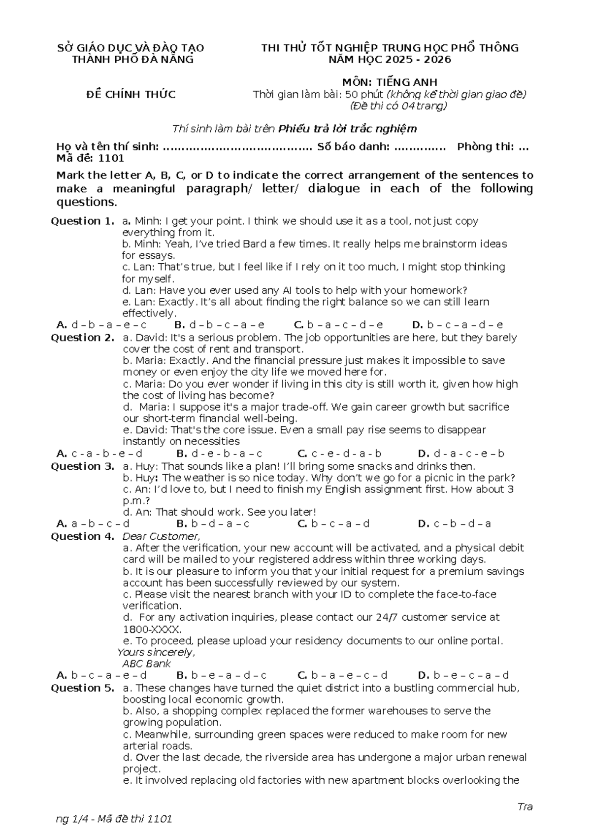 ĐỀ THI THỬ TỐT NGHIỆP THPT NĂM HỌC 2025-2026 MÔN TIẾNG ANH Mã Đề: 1101 ...