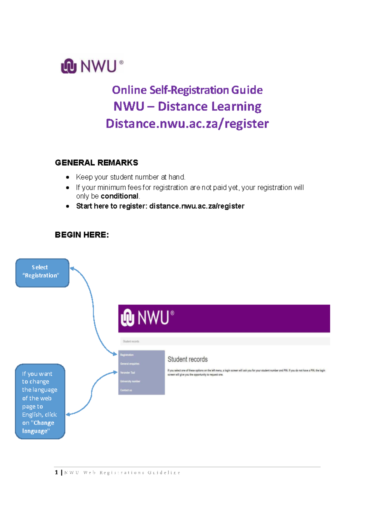 NWU Distance Learning Registration Process Guide - Studocu