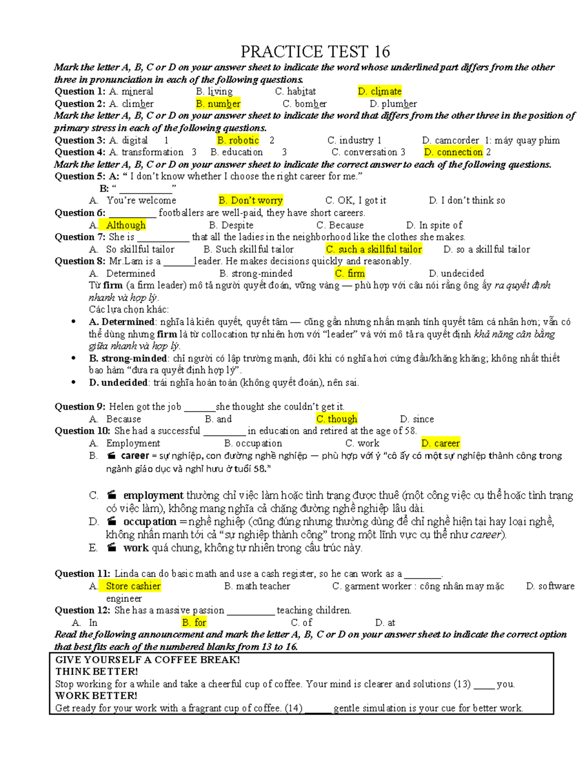 Practice Test 16 - Pronunciation and Stress Patterns - Studocu