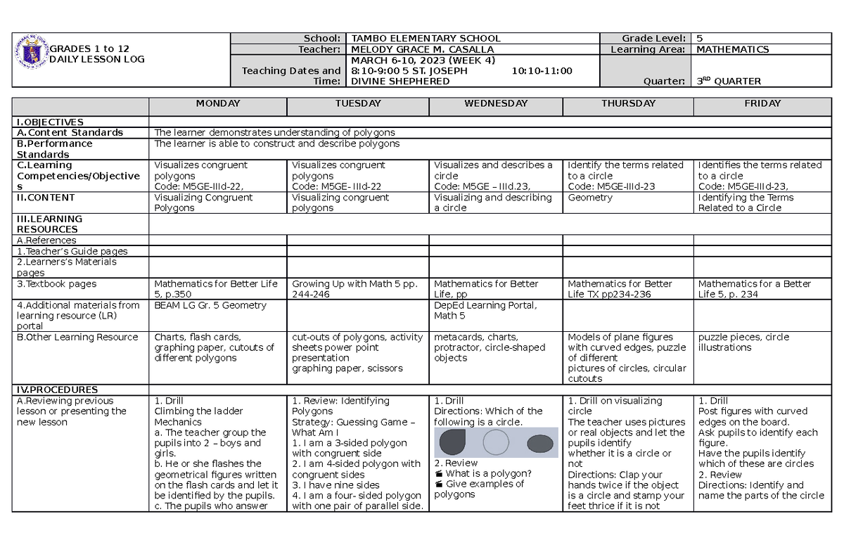 DLL Mathematics 5 Q3 W4 - DLL - GRADES 1 to 12 DAILY LESSON LOG School ...