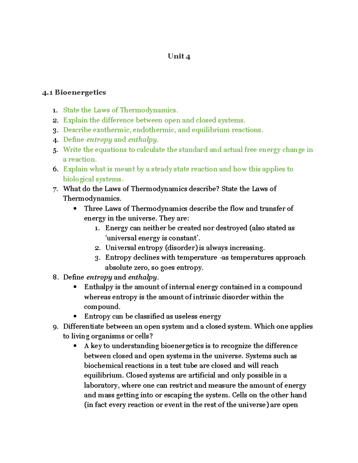 Unit 4 - BIOL401 - Bioenergetics and Enzyme Regulation Notes - Studocu