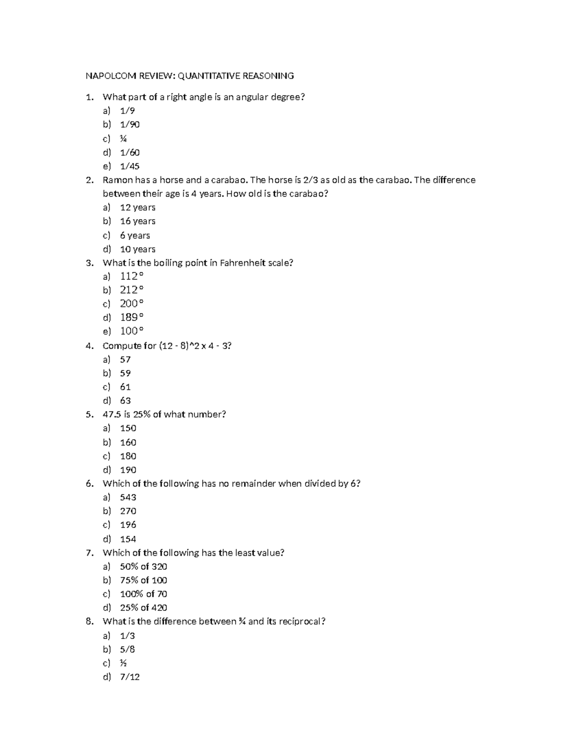 NAPOLCOM Reviewer: Quantitative Reasoning Practice Questions - Studocu
