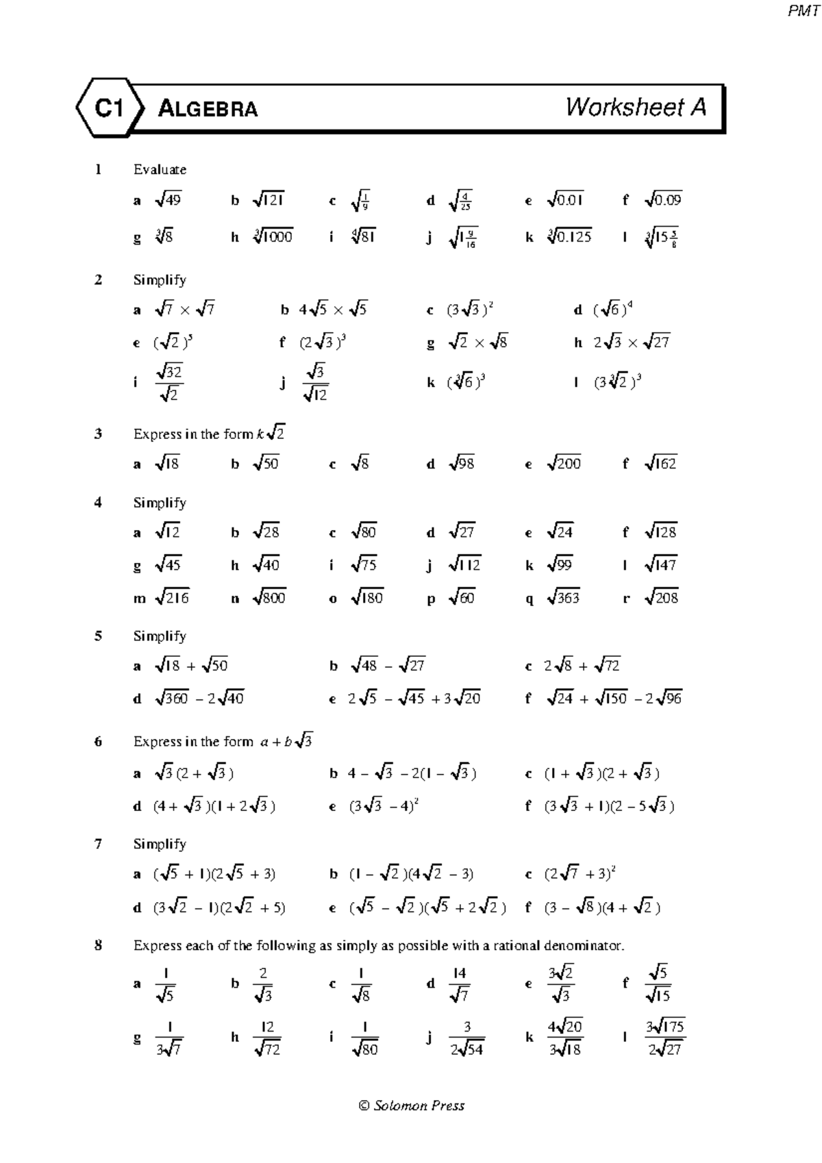 C1 Algebra - Questions - Unit 1 Worksheet - Studocu