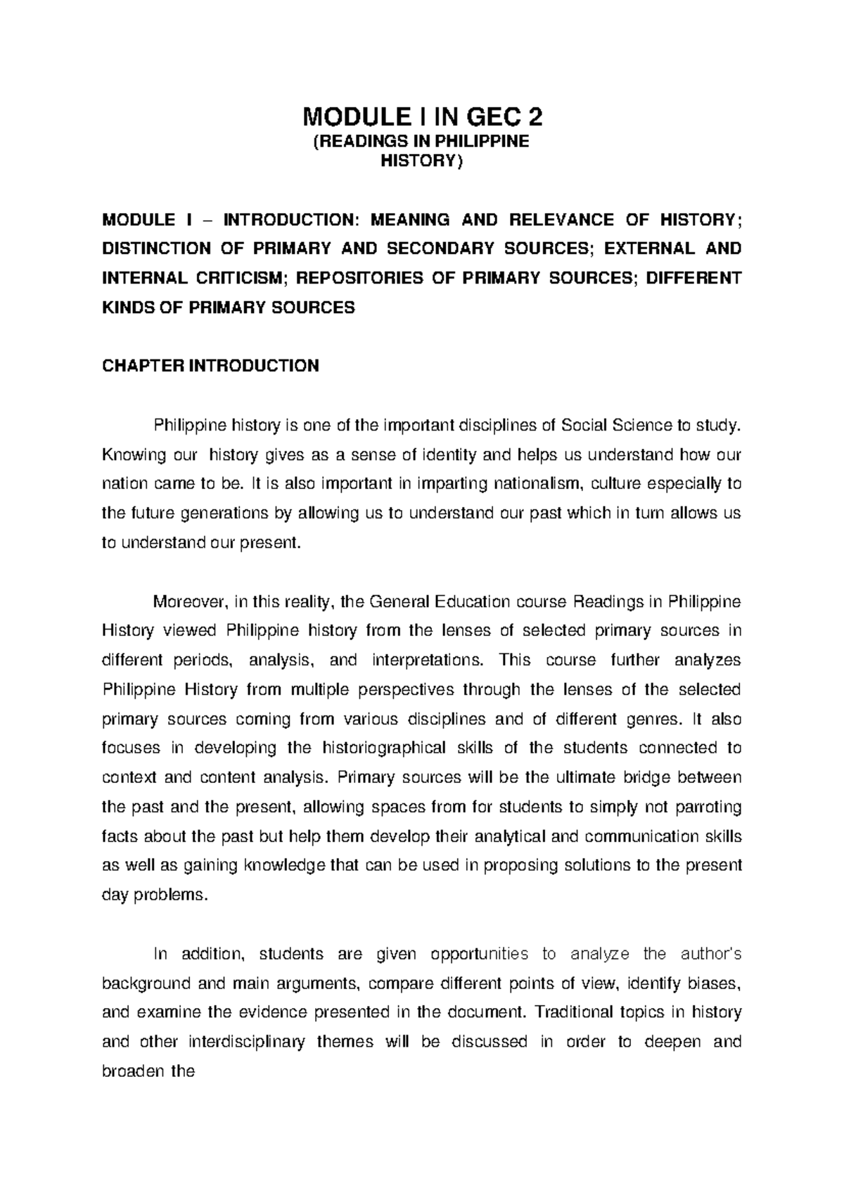 GEC 2 Chapter 1: Understanding History through Primary Sources - Studocu