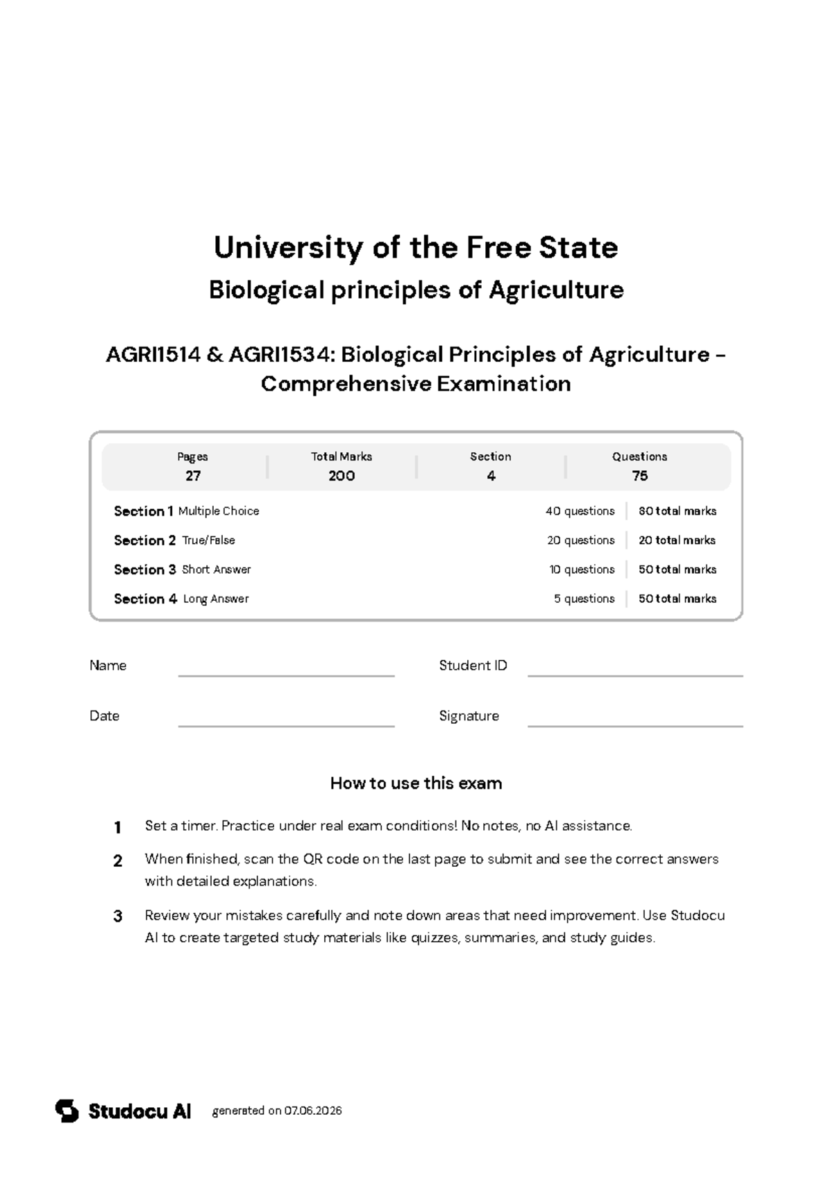 AGRI1514 & AGRI1534: Comprehensive Exam on Biological Principles - Studocu